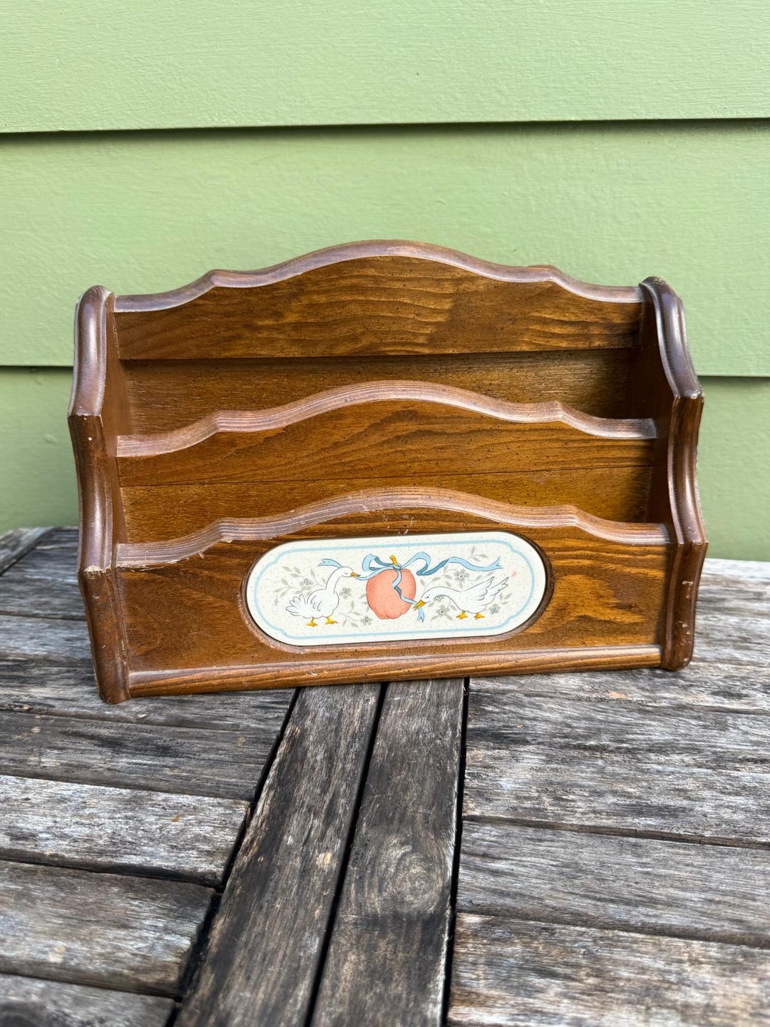 Vintage Wood GOOSE DESK ORGANIZER Geese Tile Inlay Letter Holder Caddy ...