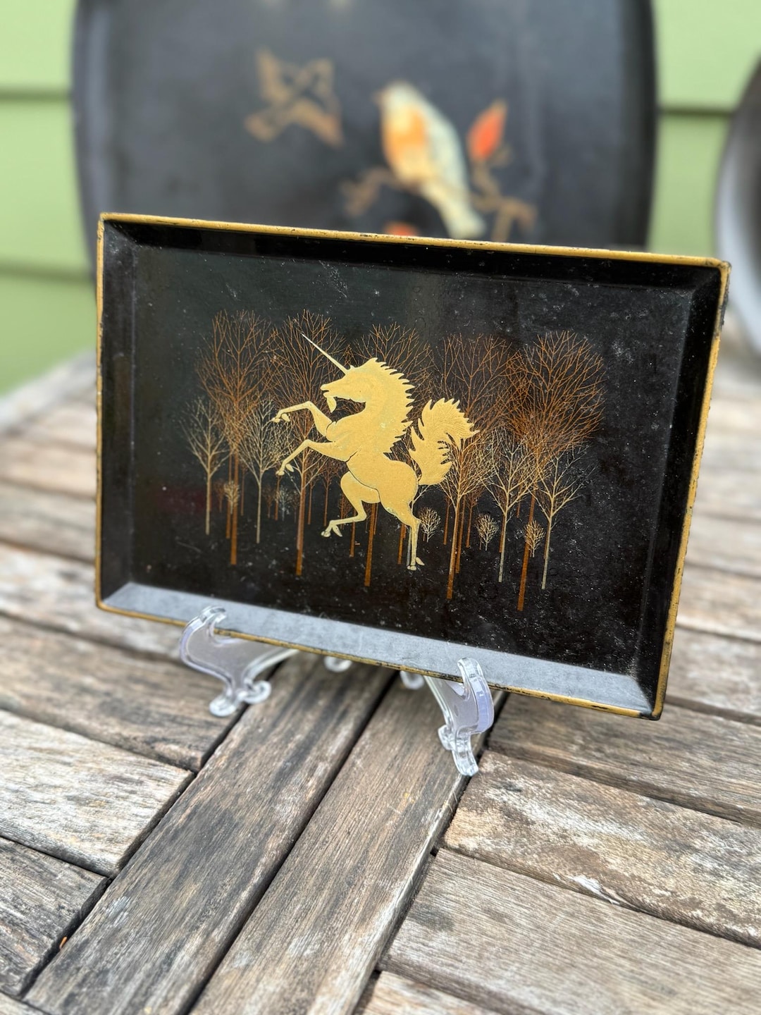 Vintage OTAGIRI UNICORN TRAY Black Lacquer Gold Unicorn Mystical Trees ...