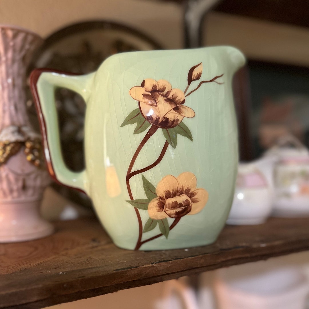 WEIL WARE ROSE Pattern Celadon Green Water Pitcher California Pottery ...