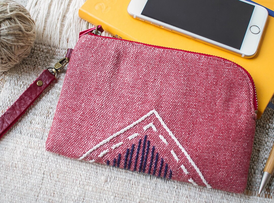 Hand-embroidered Mountain Peak Clutch: Red Shellac-dyed Cotton Wristlet ...