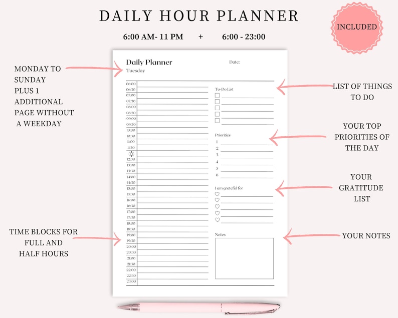 Daily Planner Printable 24 Hour Planner Weekly Planner, Monthly Planner ...