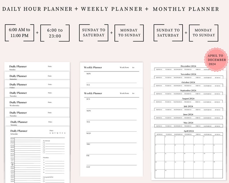 Daily Planner Printable 24 Hour Planner Weekly Planner, Monthly Planner ...