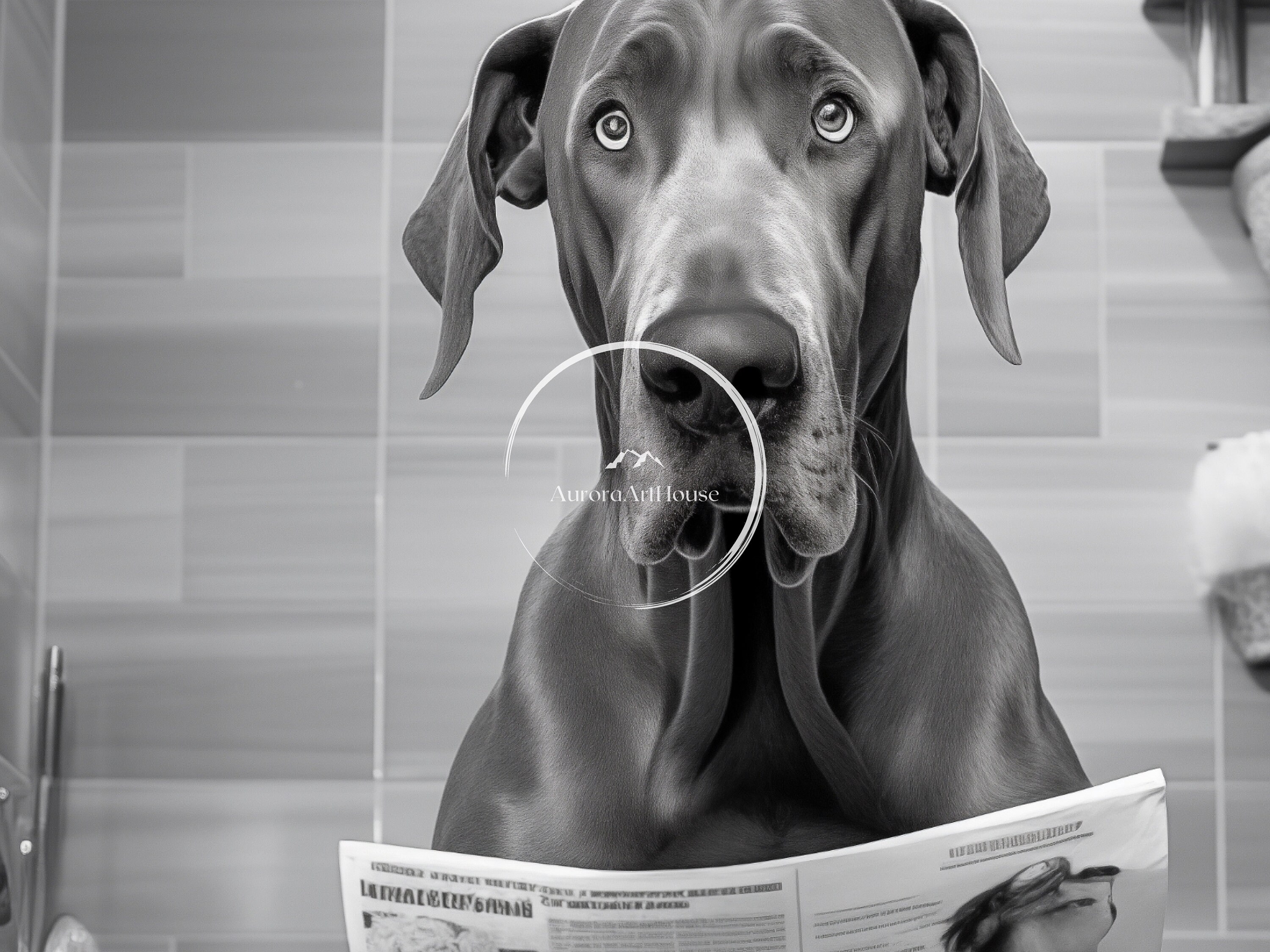 Great Dane Reading Newspaper on the Toilet, Great Dane Art, Funny ...