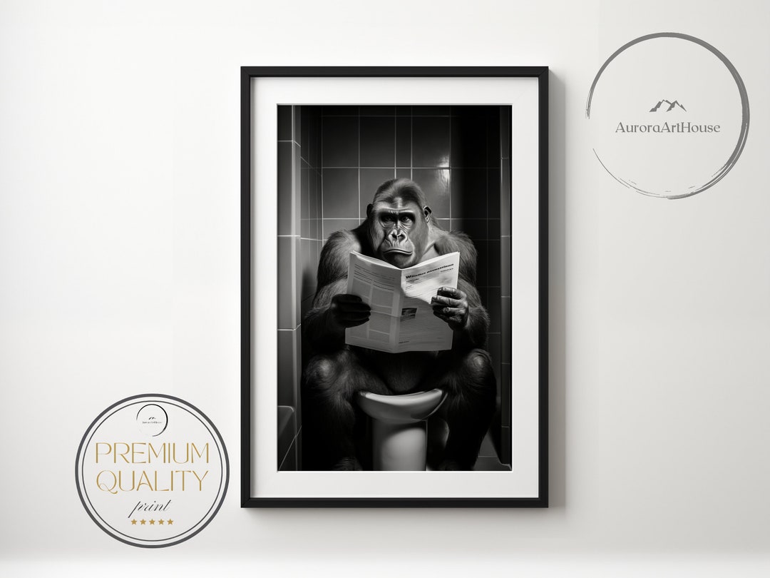 Gorilla Reading Newspaper on the Toilet, Gorilla Smug Art, Funny ...