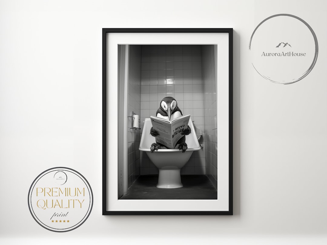 Penguin Reading Newspaper on the Toilet, Penguin Art, Funny Bathroom ...