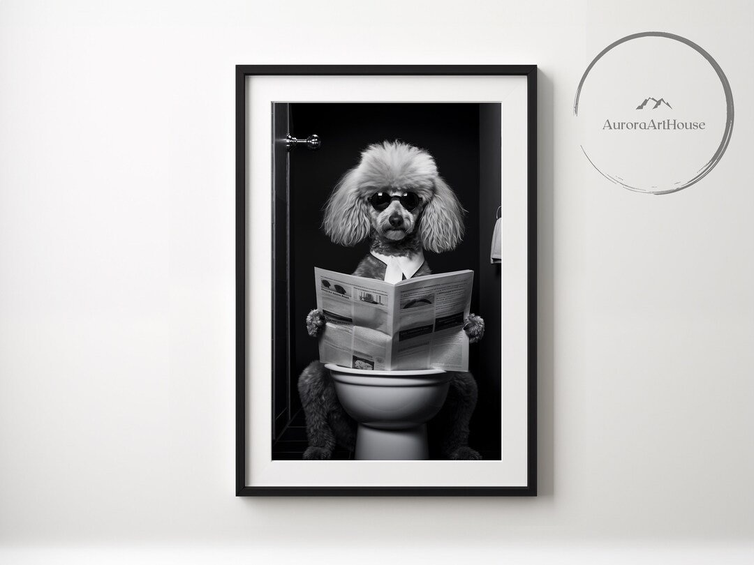 Cool Poodle Reading Newspaper on the Toilet, Poodle Art, Funny Bathroom ...