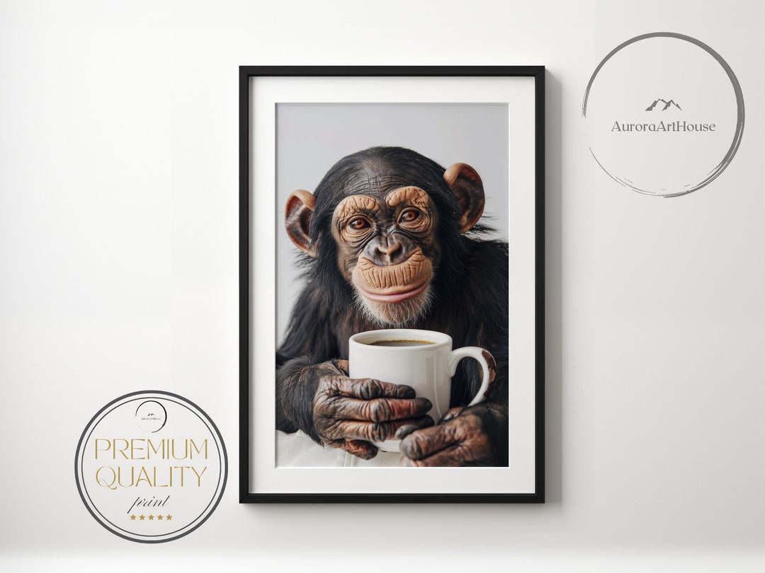 Chimpanzee Drinking a Coffee - Coffee Wall Art Poster - Kitchen Art ...