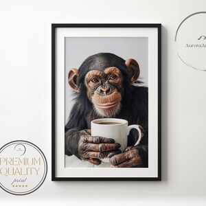 Chimpanzee Drinking a Coffee - Coffee Wall Art Poster - Kitchen Art ...