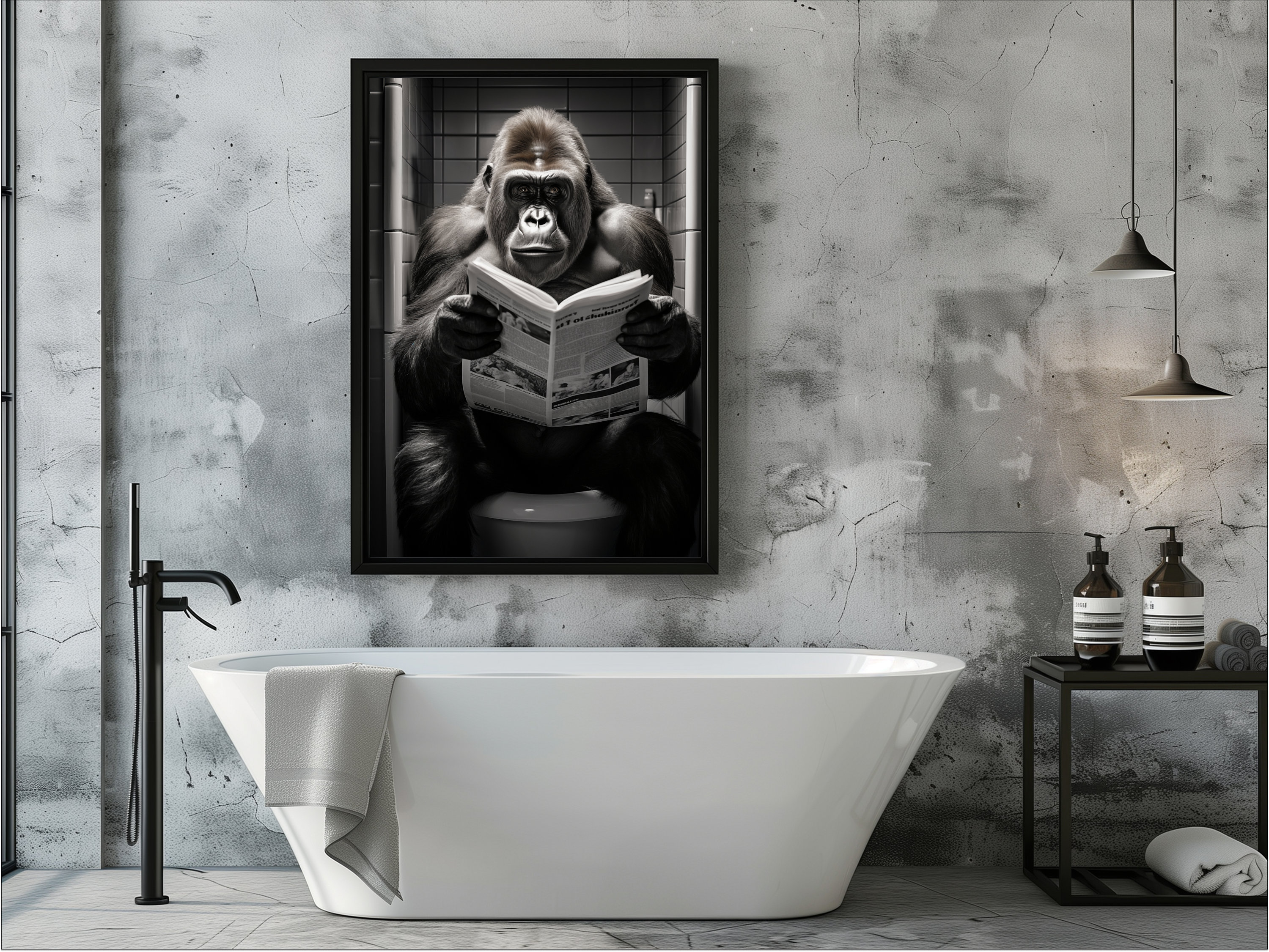 Funny Gorilla Bathroom Print, Reading Newspaper on Toilet (digital ...