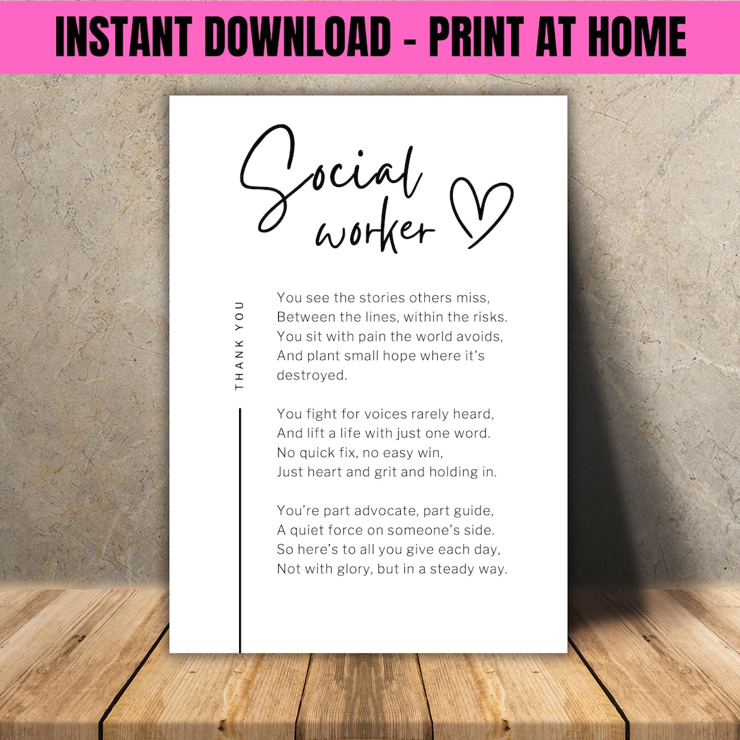 Social Worker Thank You Card, Appreciation Poem Gift (printable PDF - Etsy