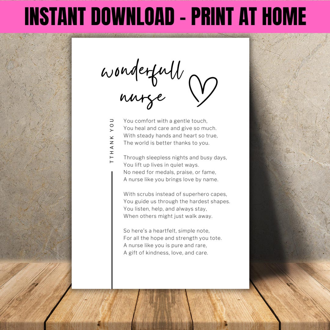 Nurse Thank You Gift Printable 'to a Wonderful Nurse' Card Nurse ...