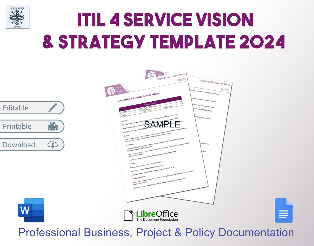 ITIL V4 Service Vision and Strategy Template, Editable Printable ...
