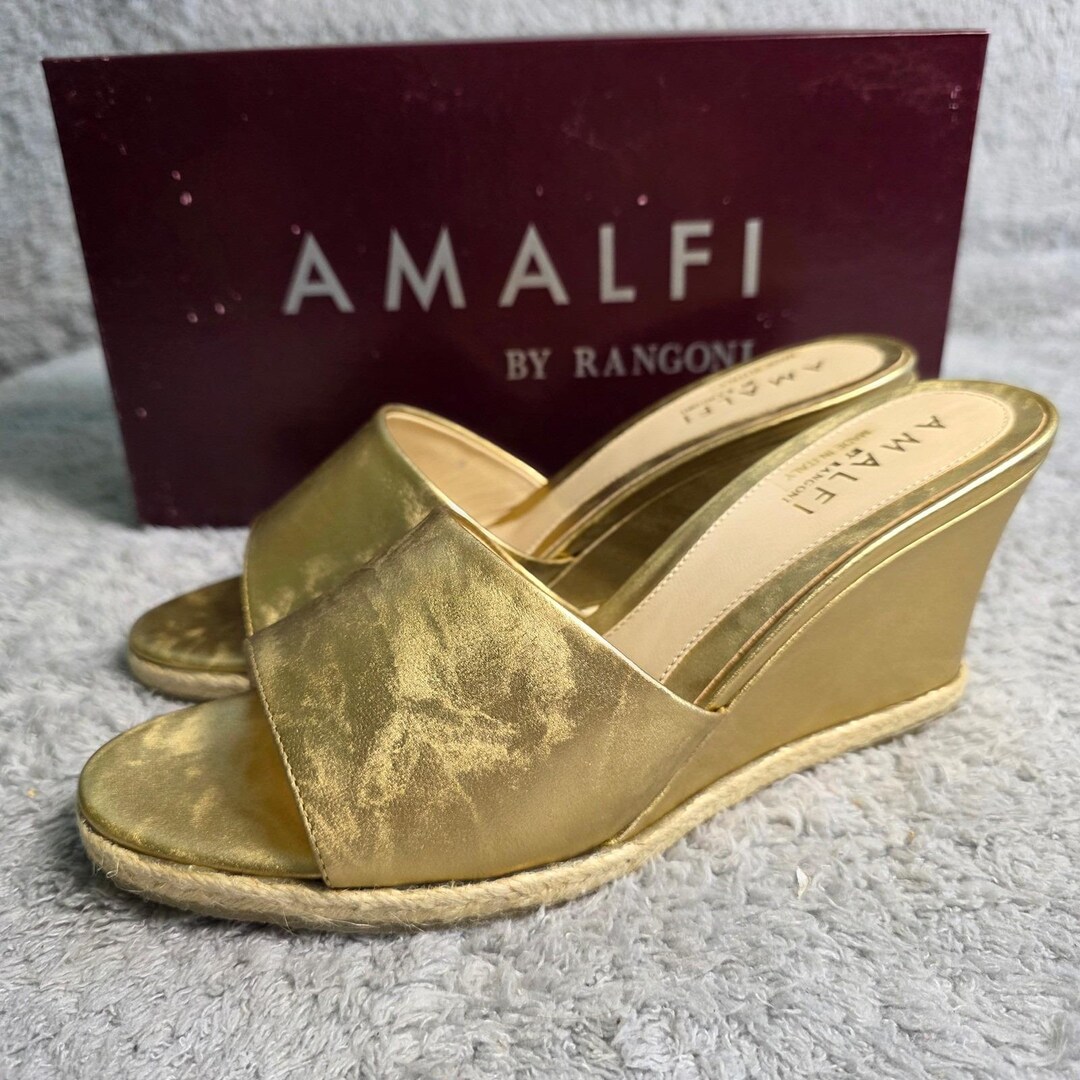 Amalfi by Rangoni Gold Metallic Espadrille Leather Wedge Sandals Slides ...