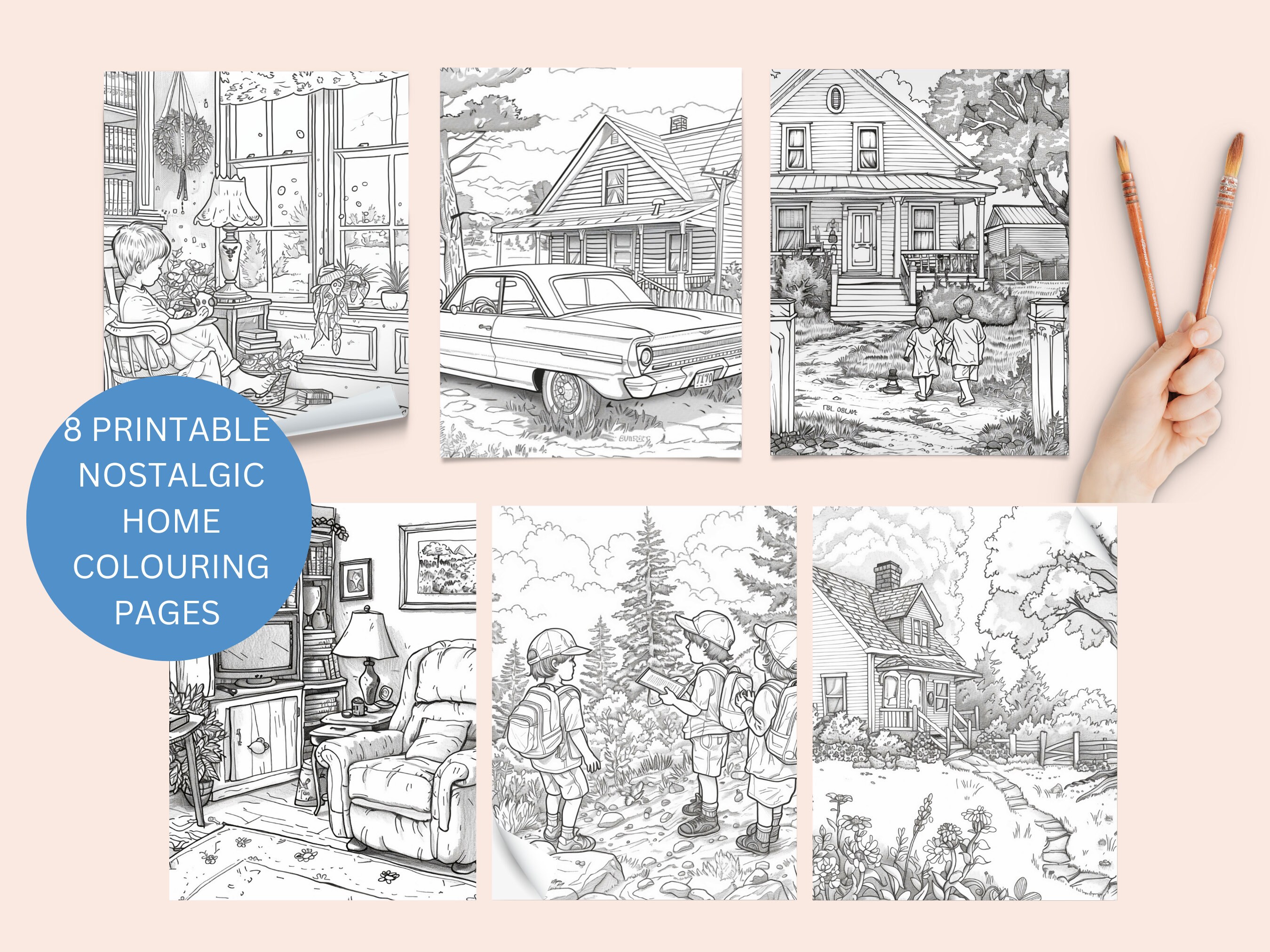 Printable Colouring Pages, Instant Download, 8 Pages Nostalgic Cozy ...