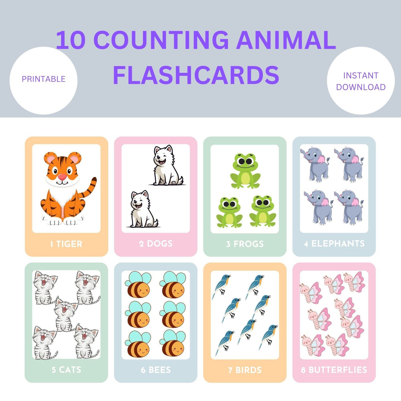 Animal Counting Flashcards Instant Download Printable PDF File Learn ...
