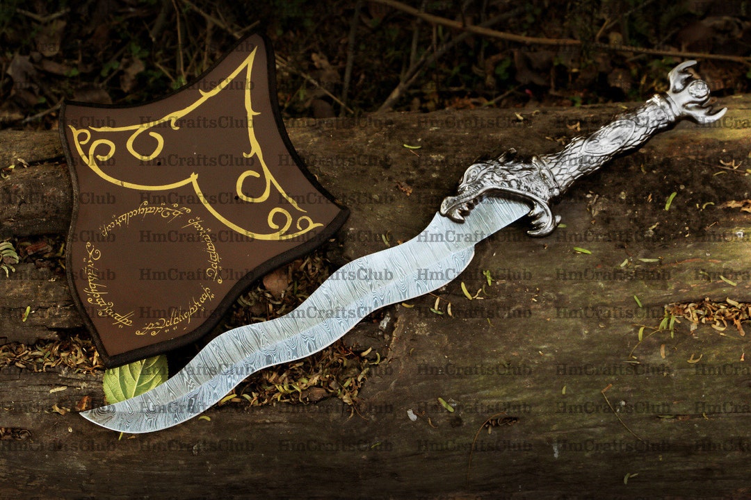 Handmade Damascus Steel Dragon Sword: 18-inch Blade, Leather Sheath - Etsy