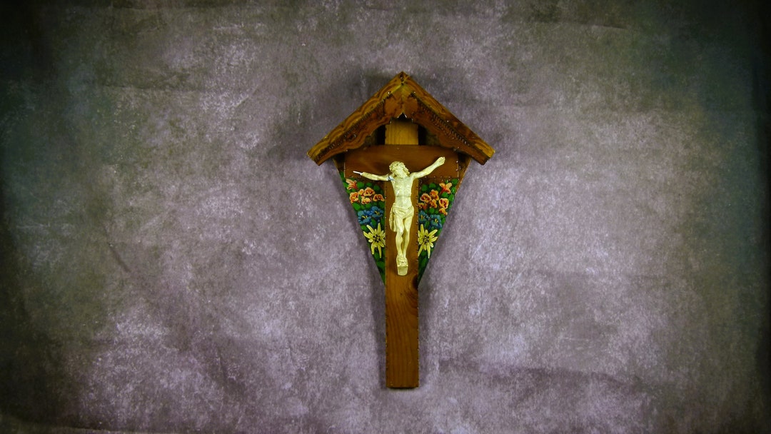 Antique Hand-painted Tyrolean Wooden Cross, Early 20th Century, Plaster ...