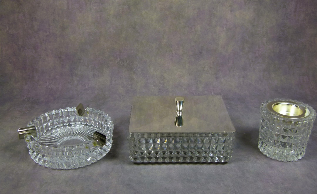 Vintage Alpine Crystal Glass Smoker Set Cigarette Box, Ashtray, and ...
