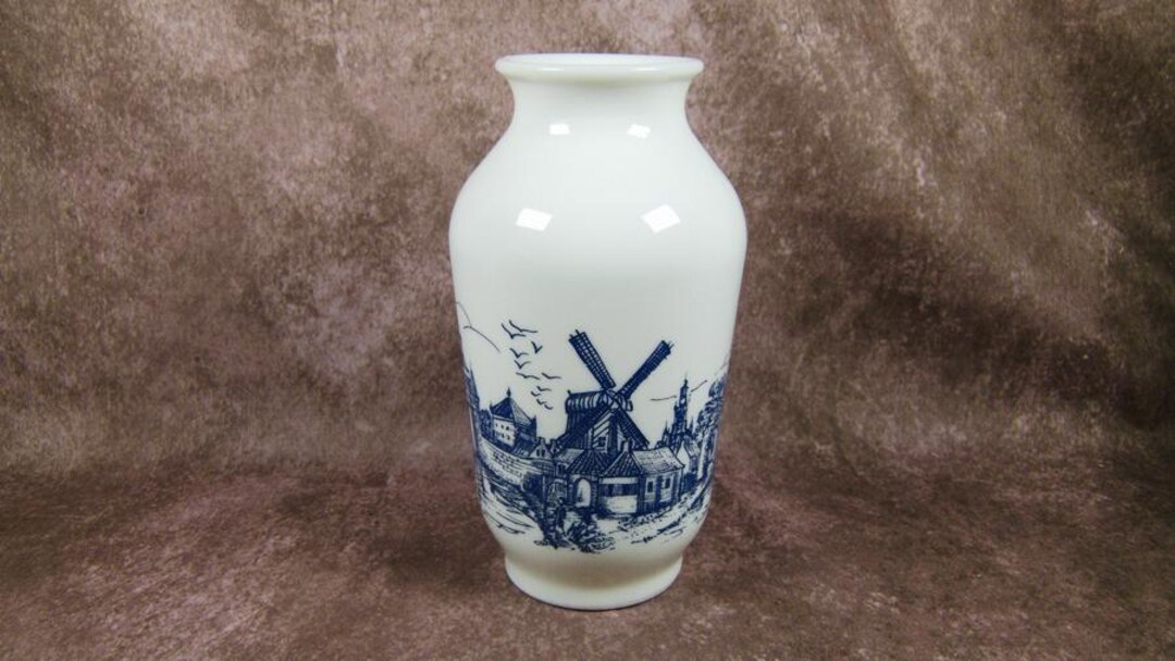 Vintage Dutch Windmill Vase – Hand-painted Blue on Milky Glass - Etsy