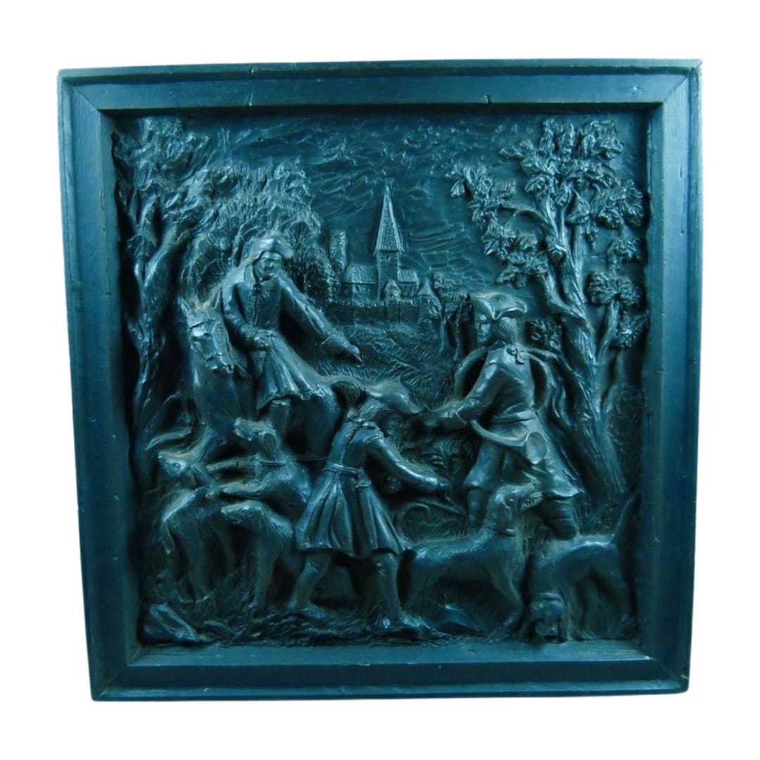 Vintage Handcrafted Ceramic Relief Tile, Hunting Scene, Graphite Color ...