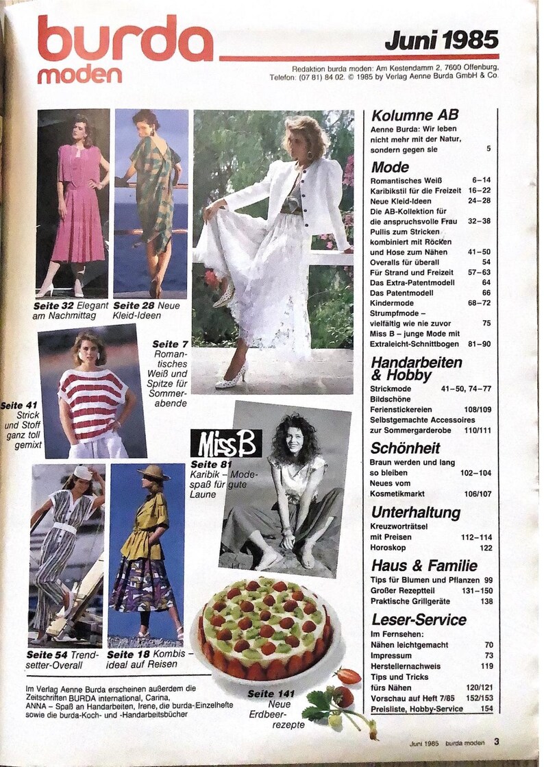 Burda Moden 6 / 1985 Pattern Sheet, Sewing Magazine, Fashion, Magazine ...