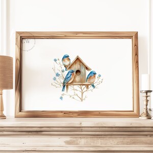 Beautiful Bluebird Trio on Bird House Digital Download Watercolor Bird ...