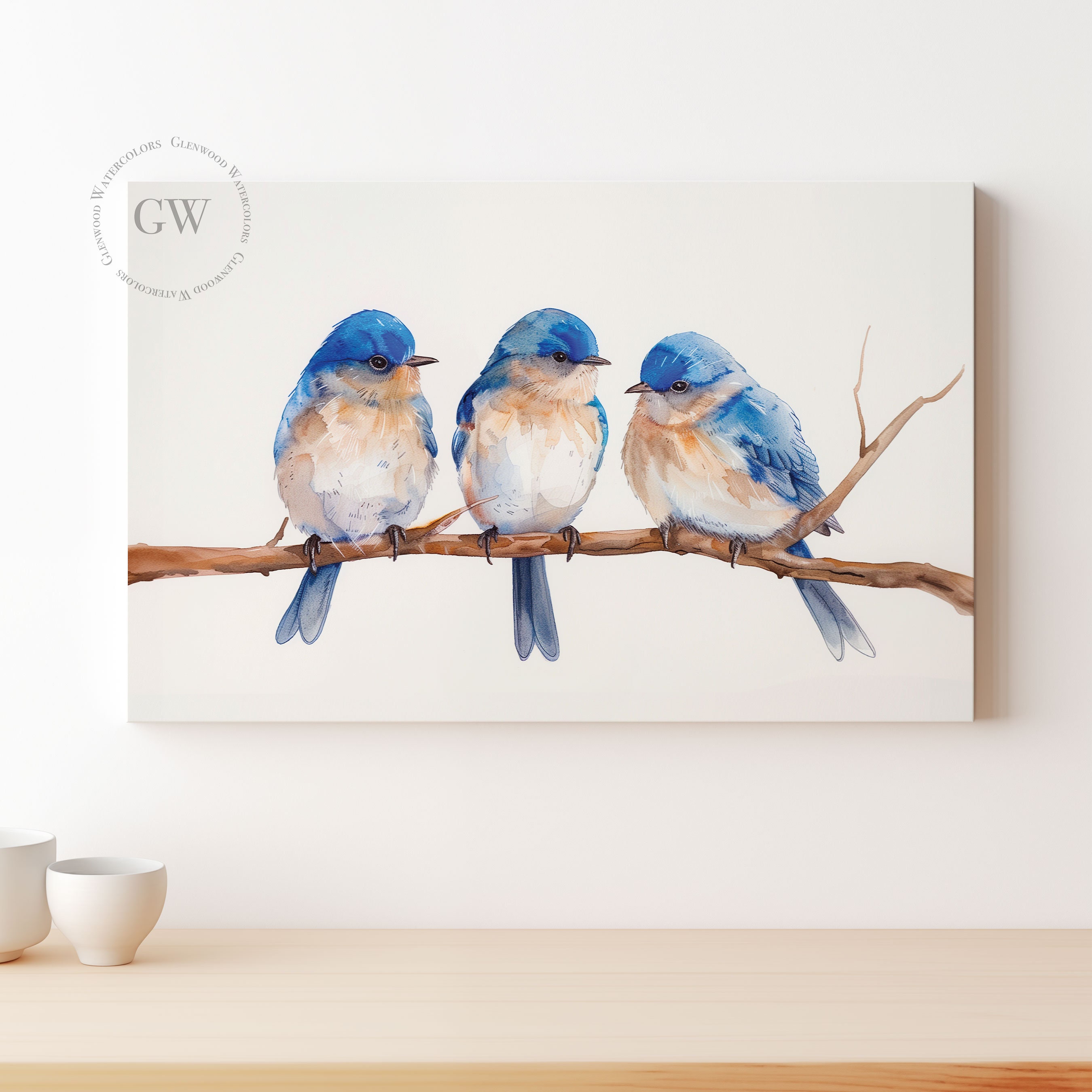 Three Bluebirds on a Limb Watercolor Art Watercolor Farmhouse Wall ...