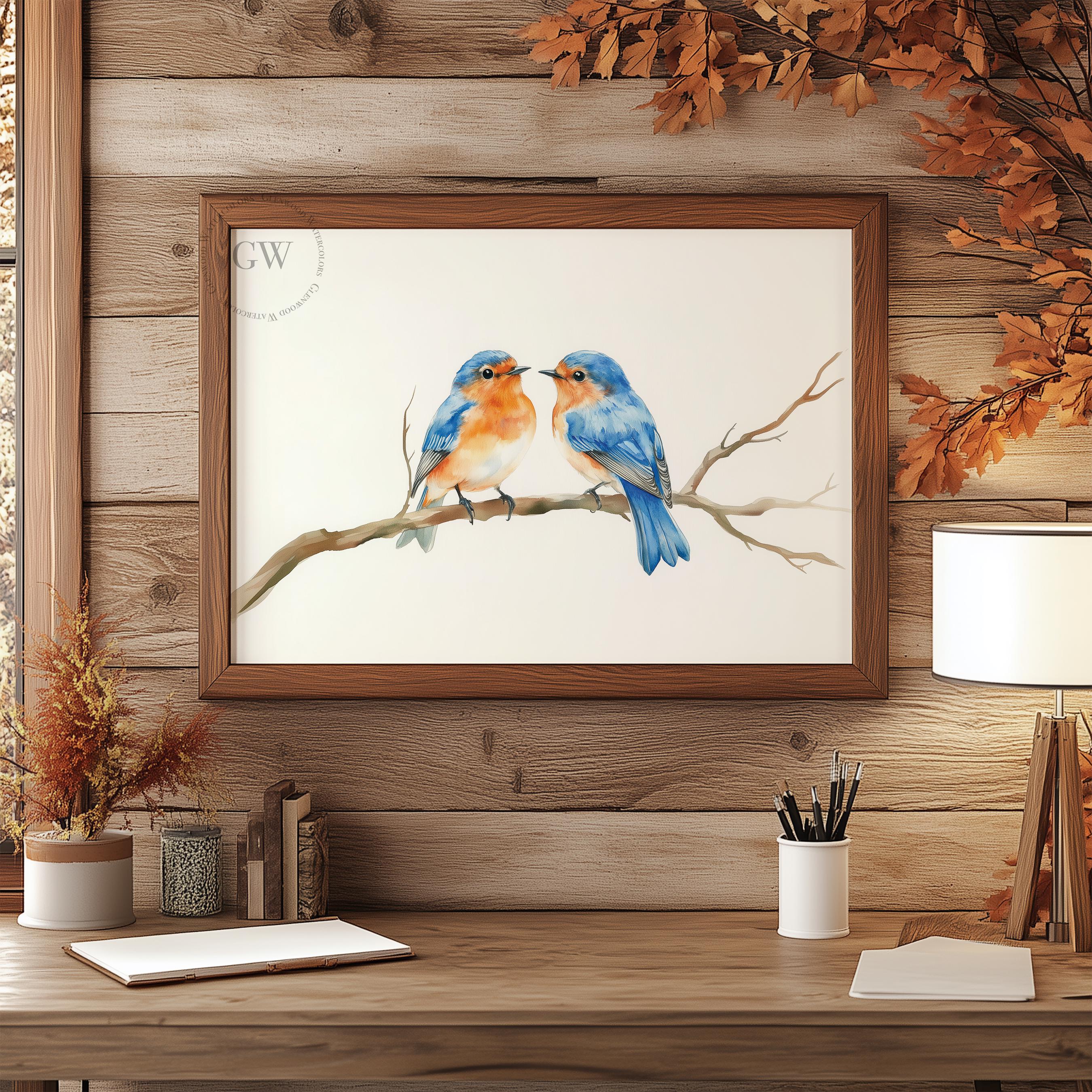 Duo Bluebirds on a Limb Watercolor Art | Watercolor | Farmhouse Wall ...