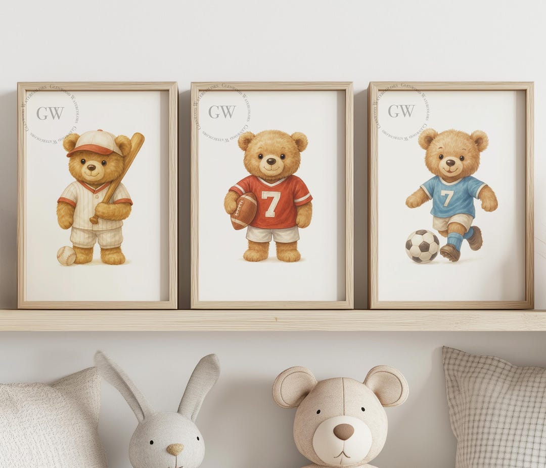 Sports Bear Wall Art Set | Cute Teddy Bear Nursery Decor | Sports Theme ...