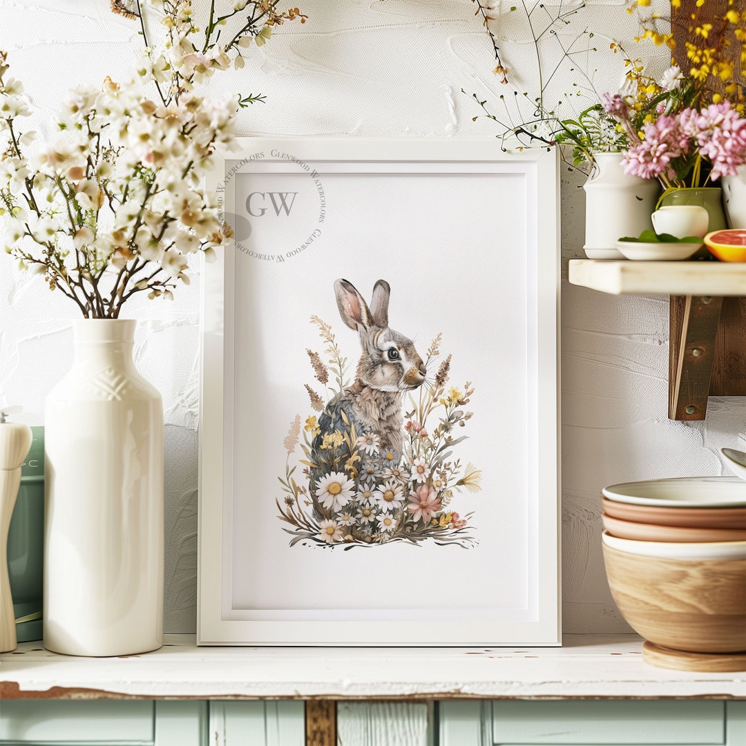 Watercolor Boho Floral Bunny Art | Bunny Rabbit Art | Easter Bunny ...