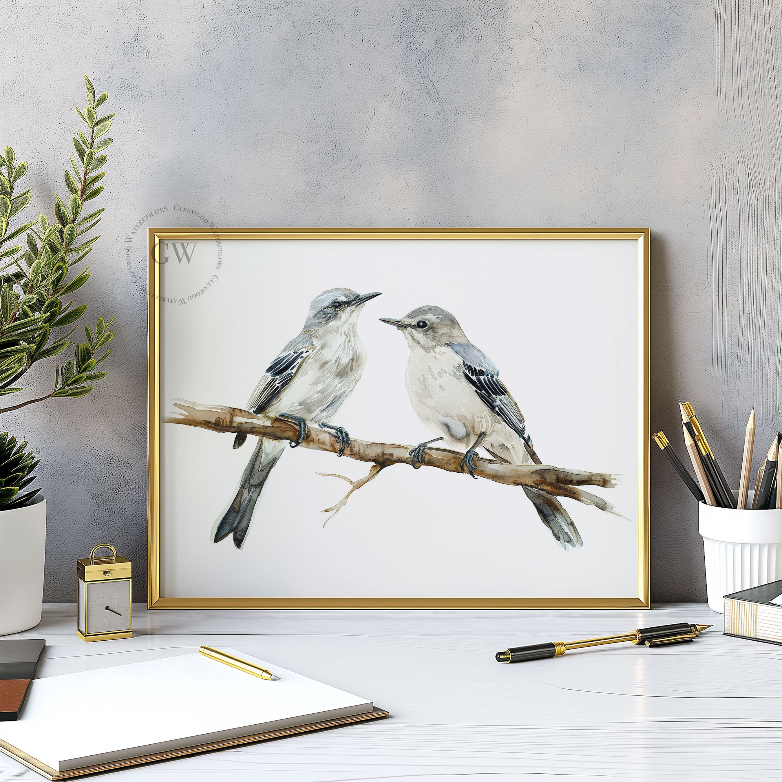 Watercolor Northern Mockingbirds Duo Digital Download | Watercolor Bird ...