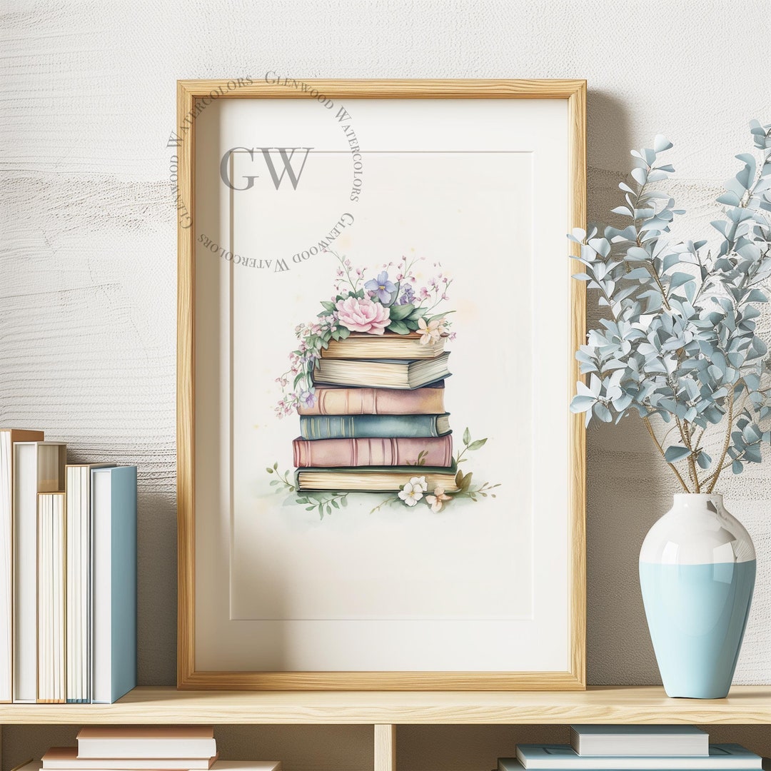 Watercolor Stack of Books With Flowers Digital Download| Book Art ...