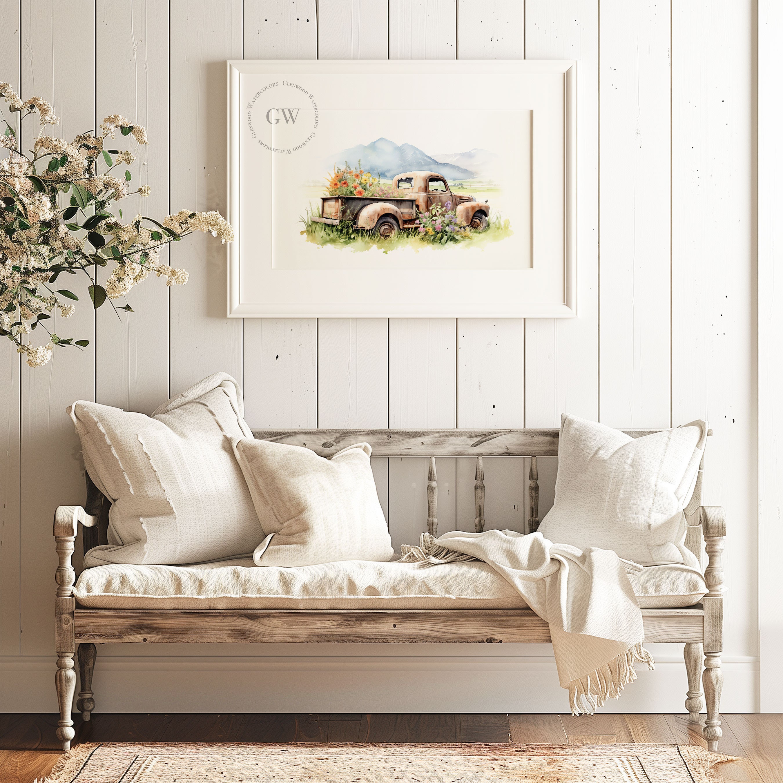 Rustic Mountain Landscape Farm Truck Watercolor Art | Farmhouse ...