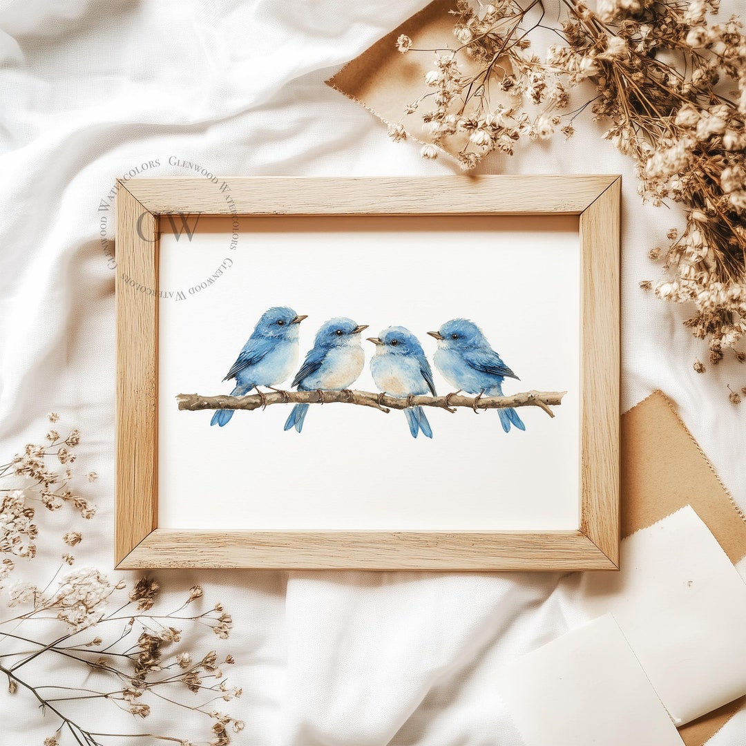 Four Bluebirds on a Limb Watercolor Art | Watercolor | Farmhouse Wall ...