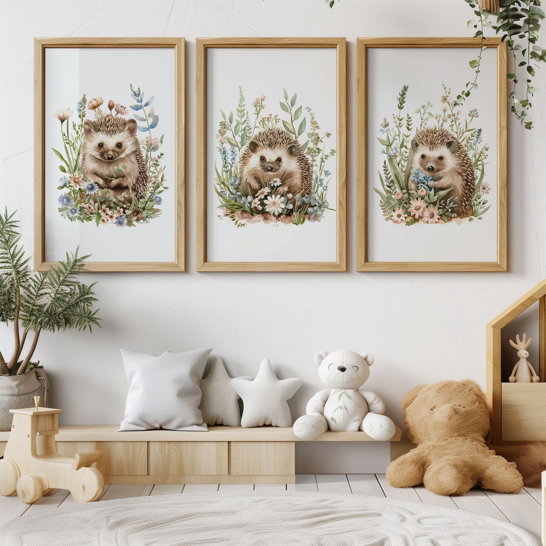 Adorable Set of 3 Hedgehogs | Hedgehog Art | Woodland Nursery Wall ...