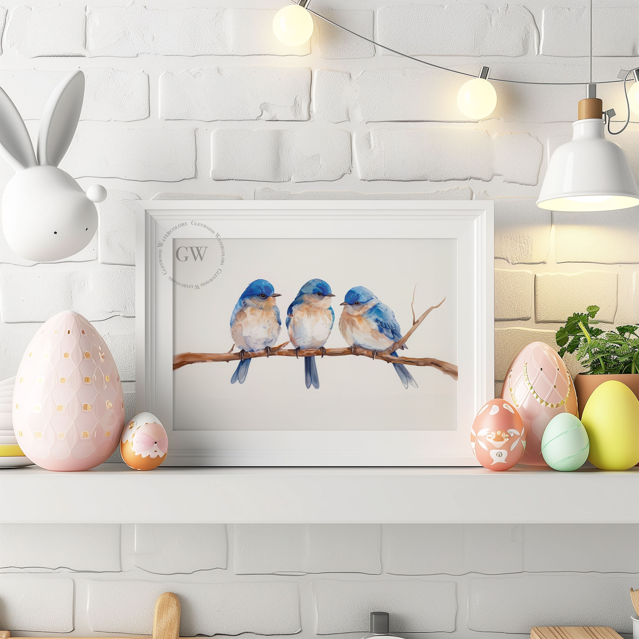 Three Bluebirds on a Limb Watercolor Art Watercolor Farmhouse Wall ...