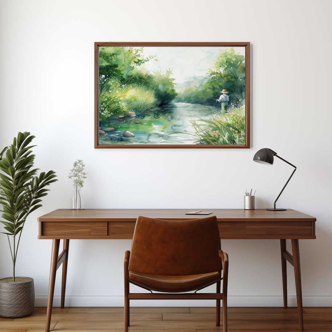 Watercolor Spring Time Fly Fishing | Watercolor | Fishing Resort Art ...