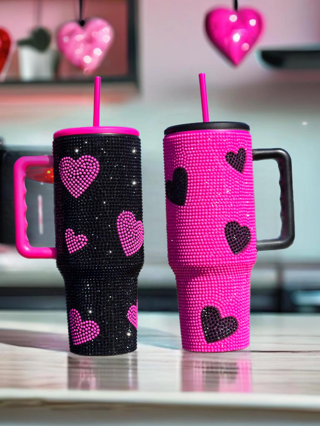 Rhinestone Heart 40oz Tumbler - Stainless Steel W/handle, Bling Dimond ...