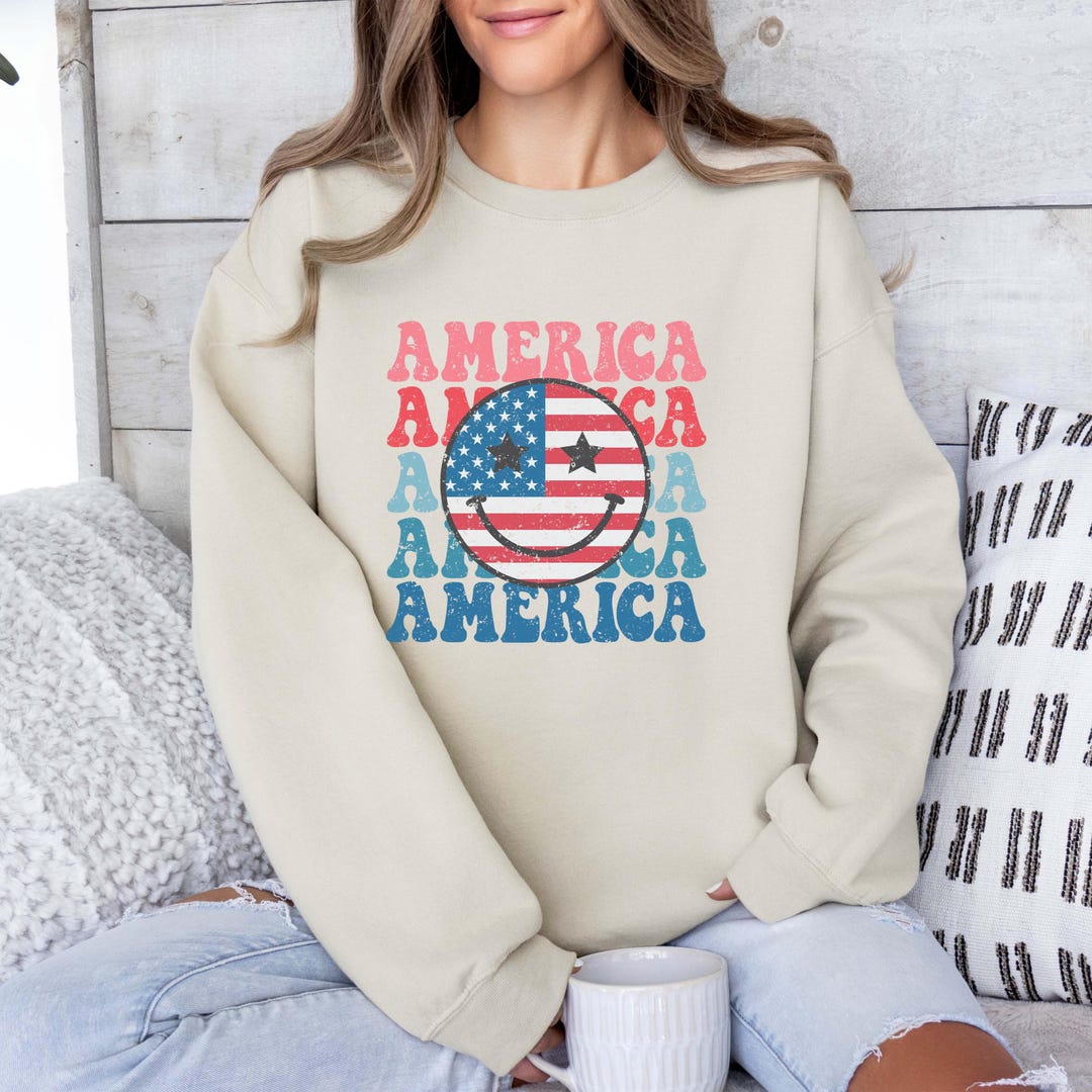 Retro America Smiley Face Sweatshirt, Red White and Blue Sweat, USA ...