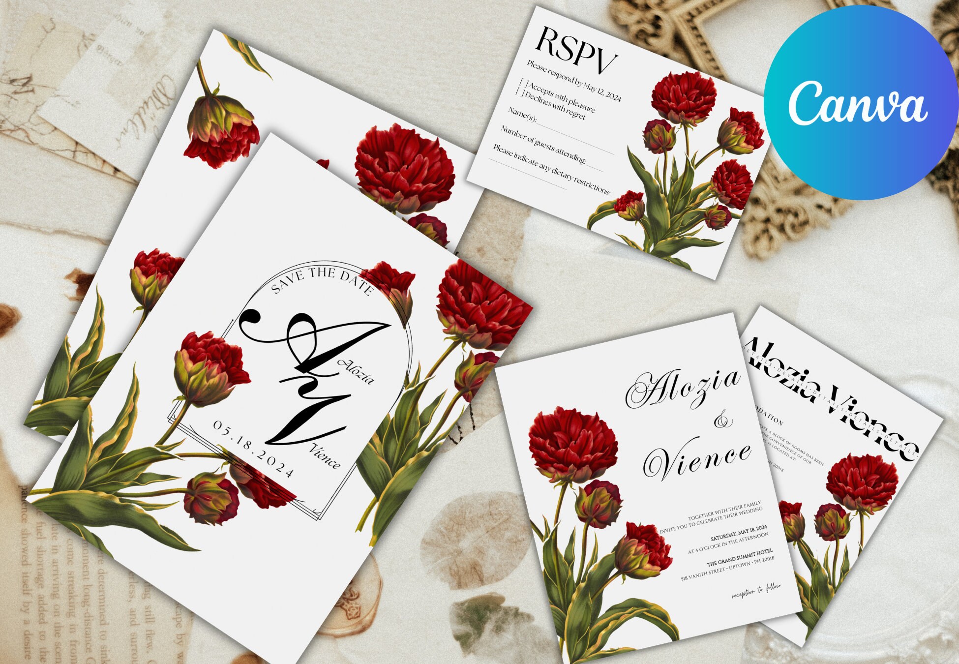 Burgundy Wedding Invitation Template, Floral Invitations , Editable ...