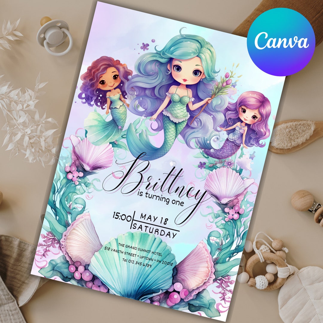 Editable Mermaid Birthday Invitation Template Little Mermaid Under the ...