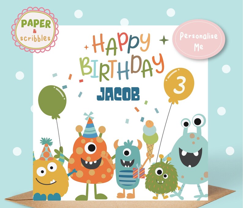 Adorable Monster Theme Birthday Card for Boys Personalised Party ...