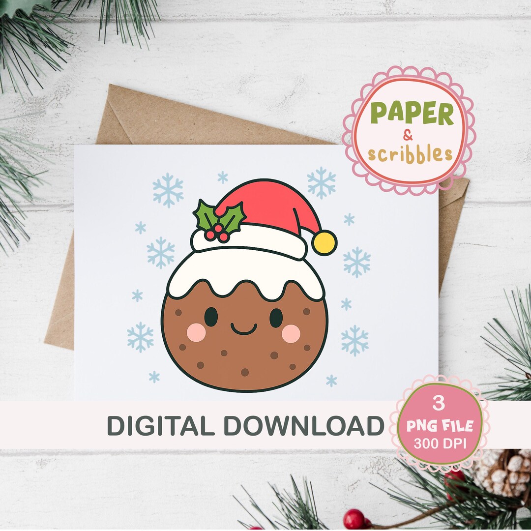Adorable Christmas Pudding With Santa Hat & Snowflakes - PNG Digital ...