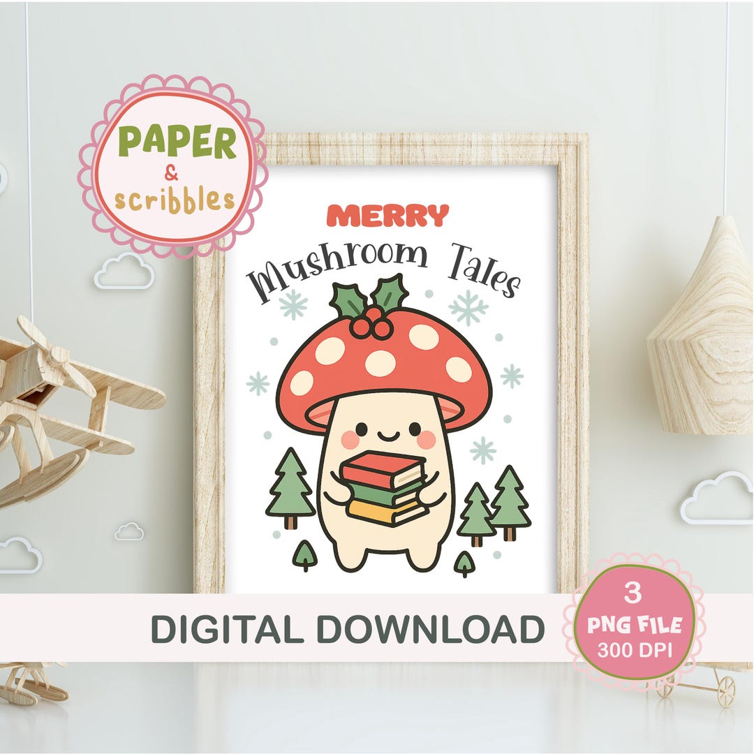 Whimsical Christmas Mushroom Clipart – Festive Books & Tiny Trees PNG ...