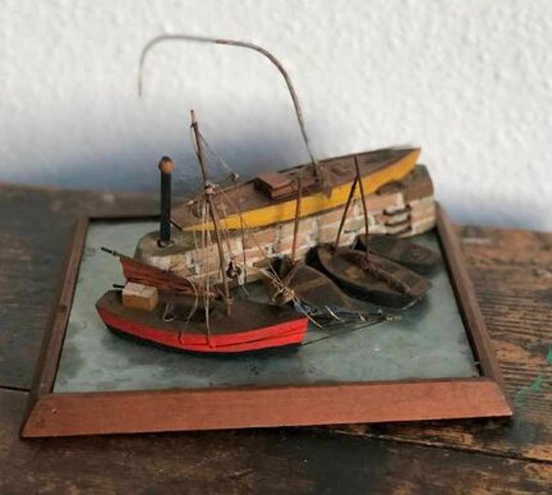 Vintage Boat Diorama on Glass Base, Handmade - Etsy