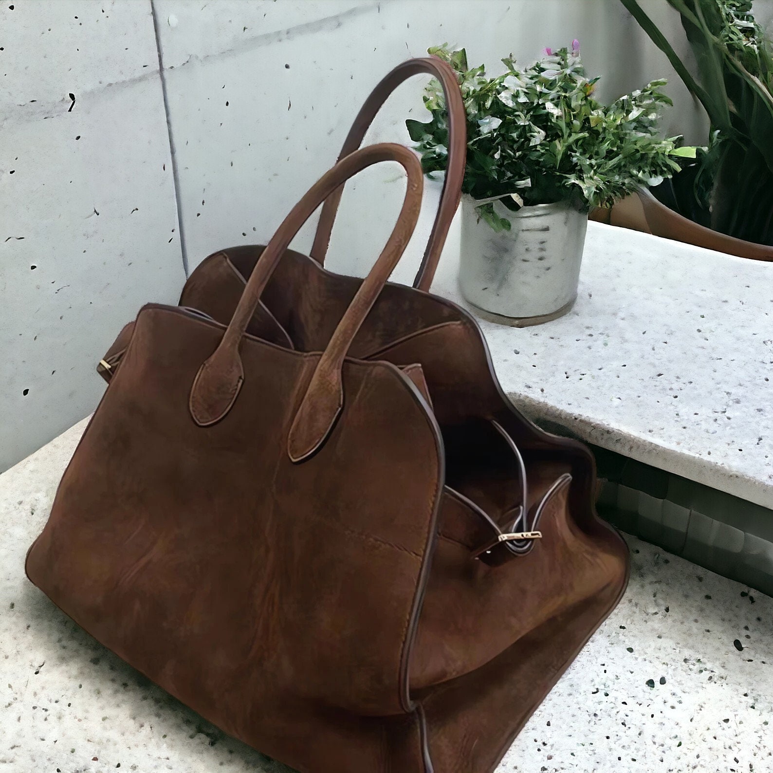 Suede Margaux Leather Tote Bag, Italian Designer, Hand Bag, Handheld ...