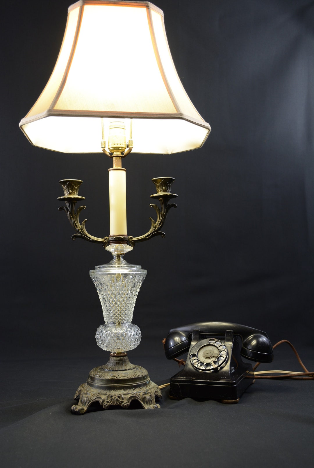 Rare Vintage Glass and Brass Lamp With Two Candle Holders - Etsy