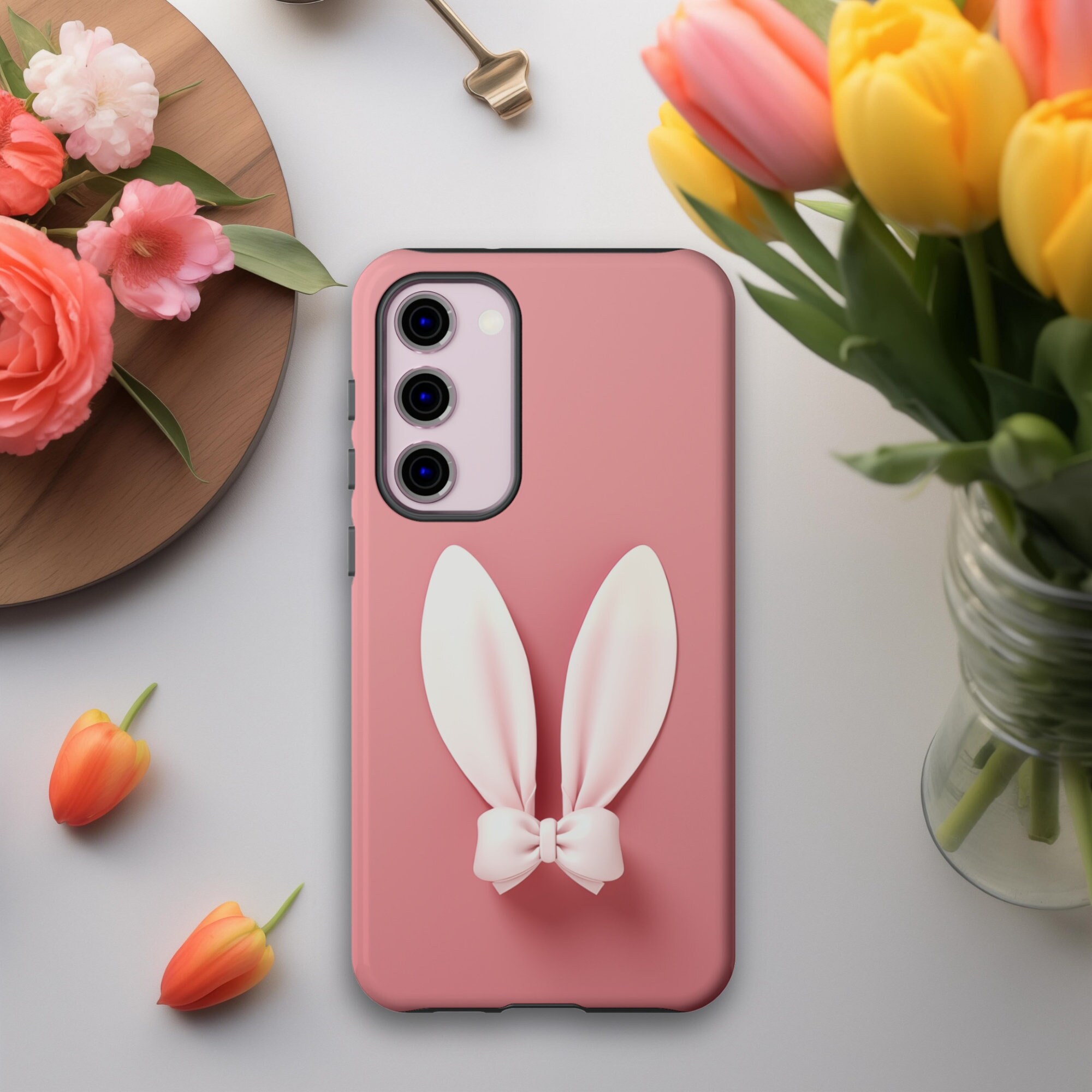Pink Mobile Phone Case With Bunny Ears and Bow, Minimalist Easter ...