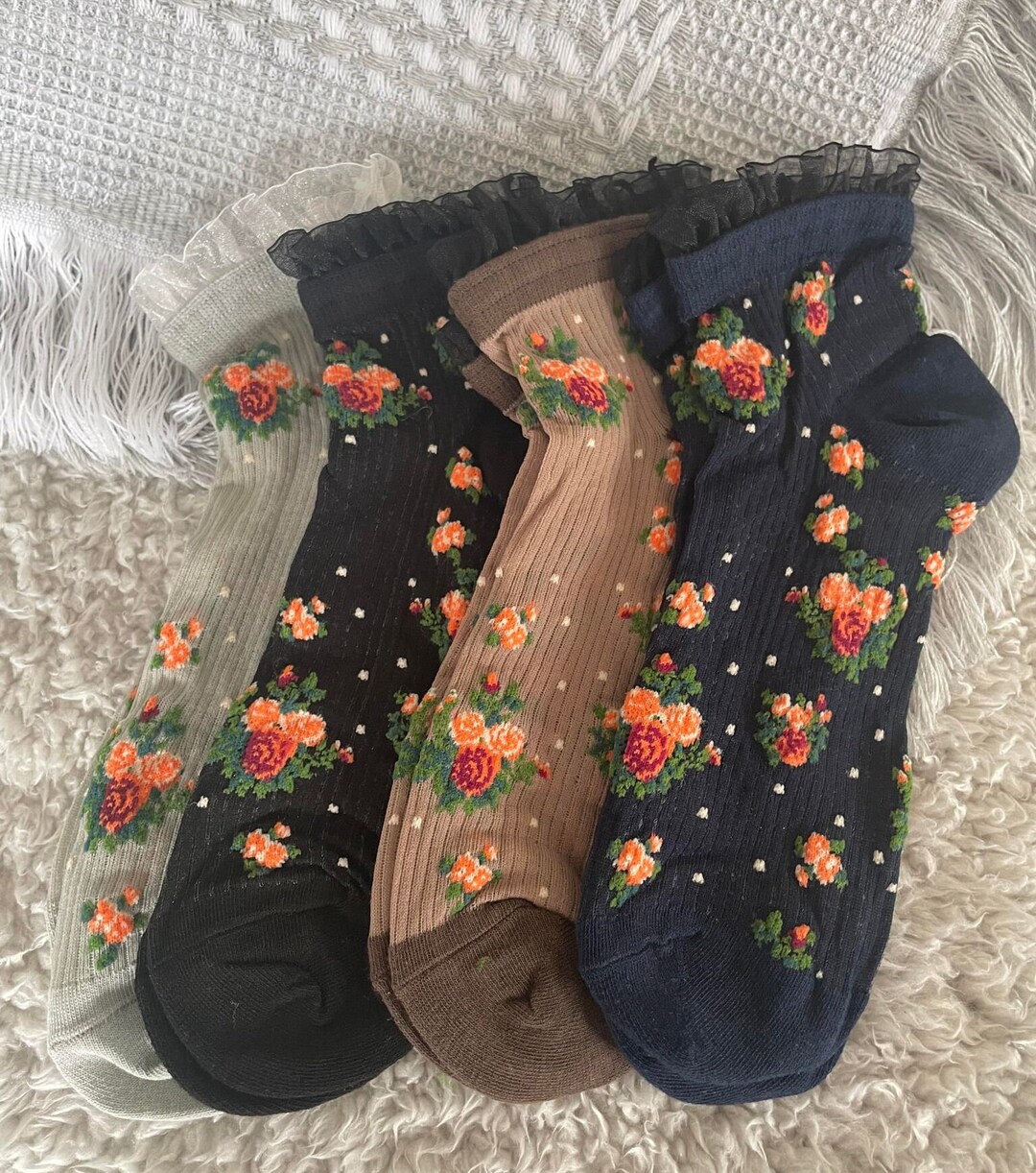 Sheer Floral Combed Cotton Socks With Lace Ruffle, Socks in a Box ...