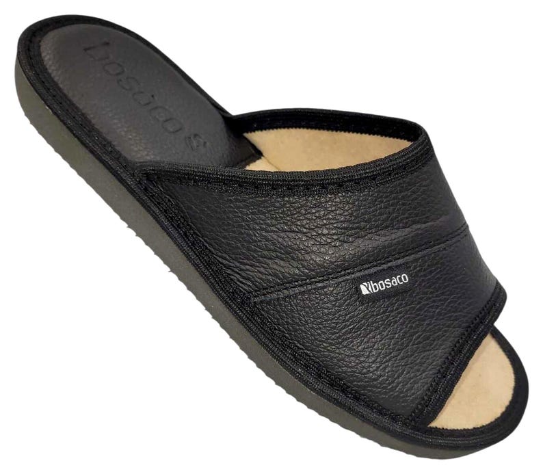 Classic Slippers Womens Black Genuine Leather Open Toe for Comfort ...